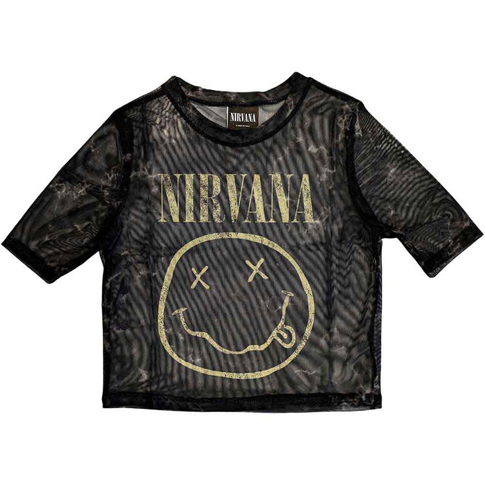 NIRVANA - YELLOW HAPPY FACE - Crop Top Black (Mesh) – Spiral USA